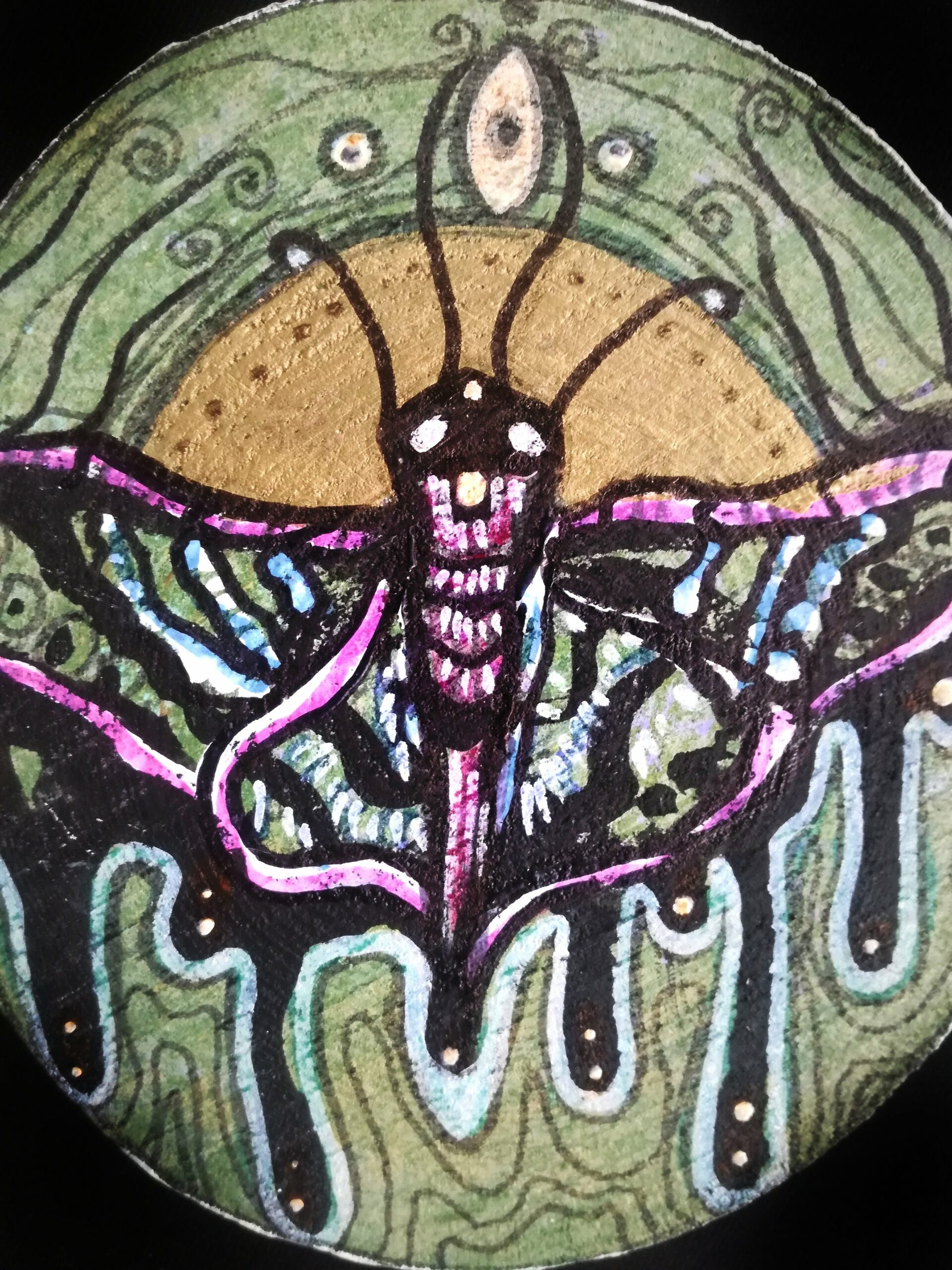 Painted Wooden Disc 'Melting Moth' - Art With Aliens