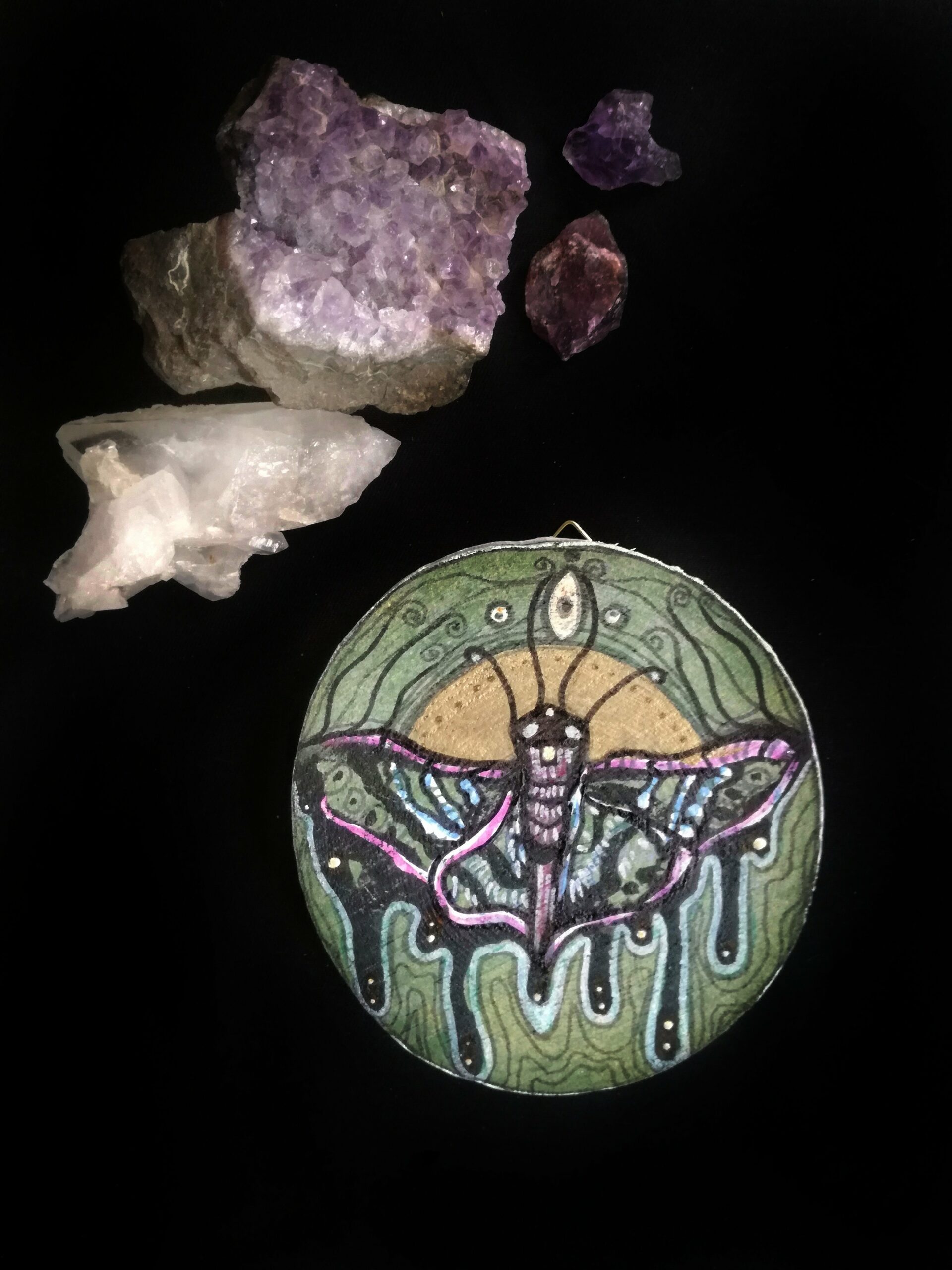 Painted Wooden Disc 'Melting Moth' - Art With Aliens